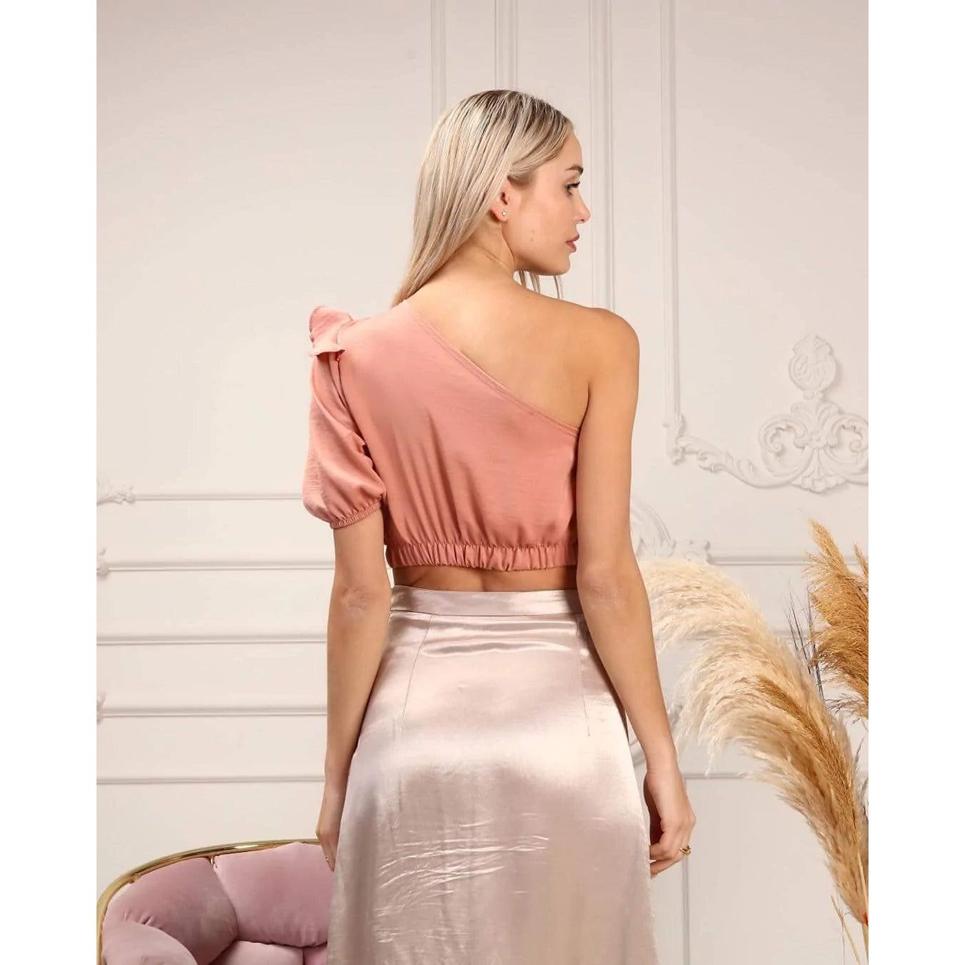 Peach One Shoulder Puff Sleeves Top – Montivo