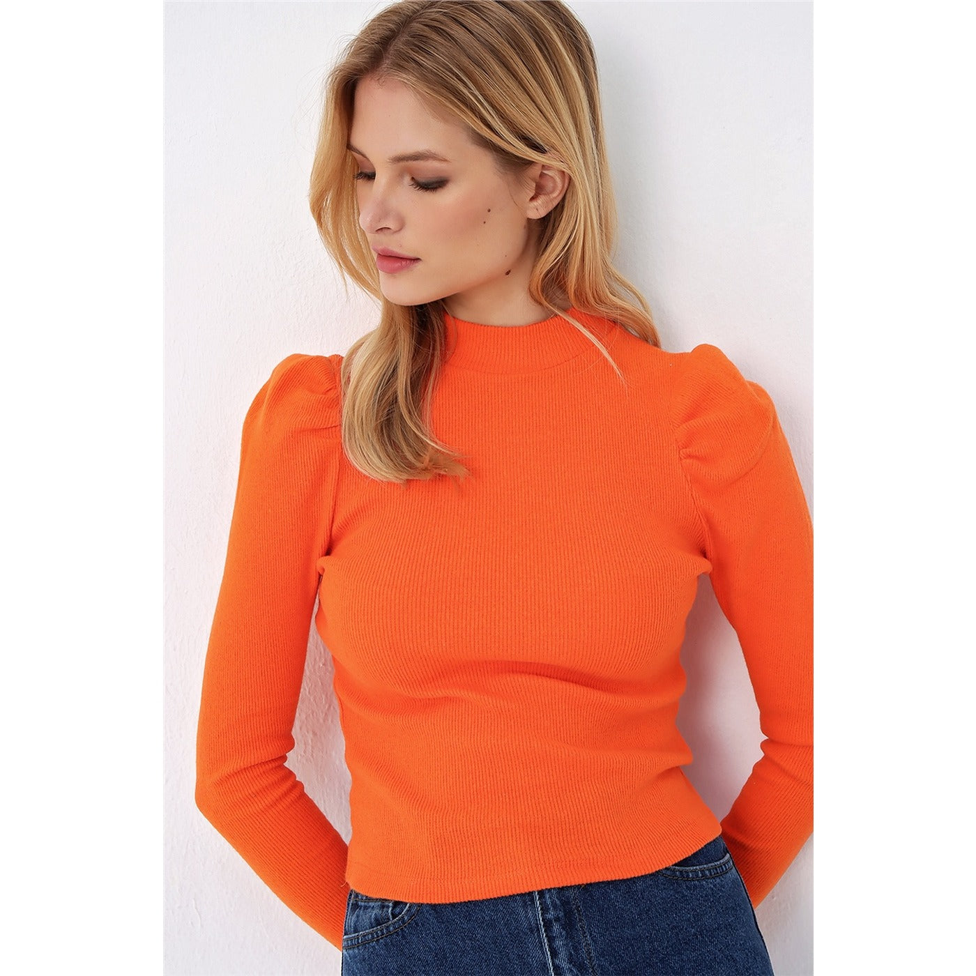 Orange Puff Shoulder Turtleneck Top – Montivo