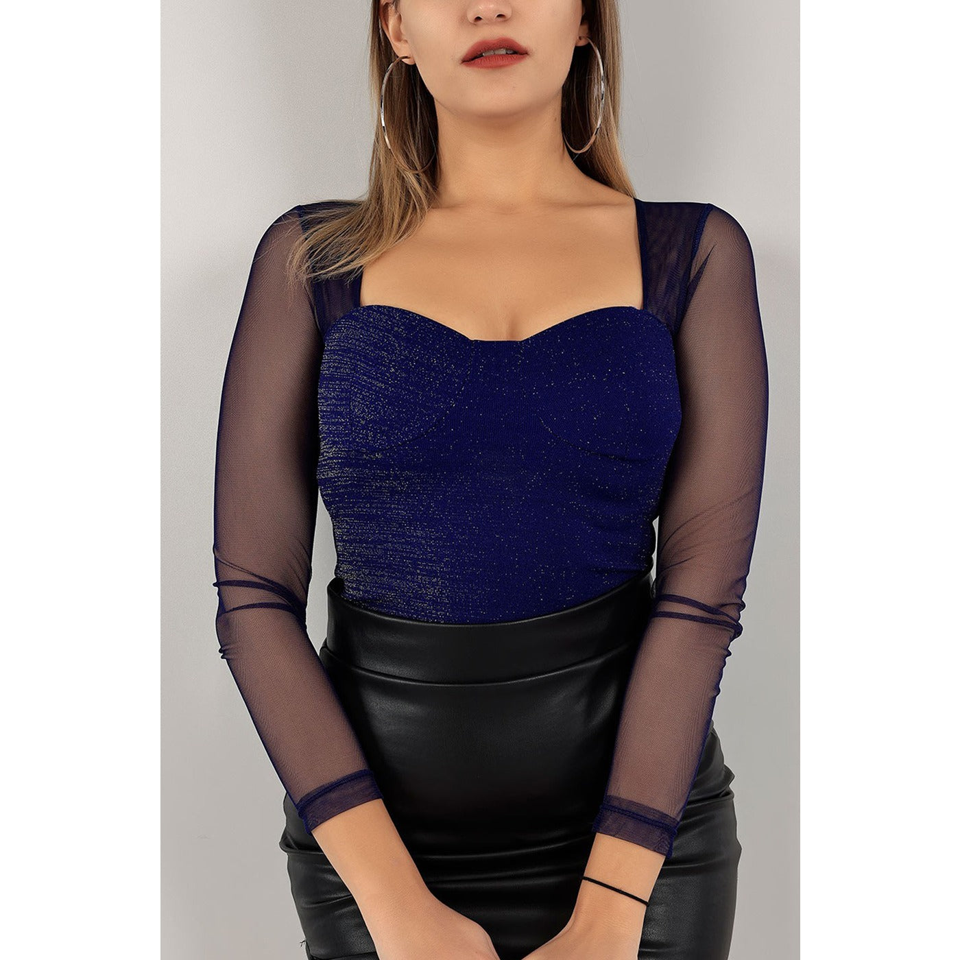 Blue Mesh Ruched Square Neck Top – Montivo